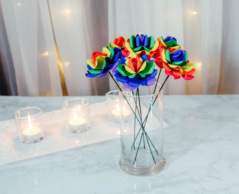 Rainbow Paper Flower Roses With Stems Paper Anniversary Gift | Etsy