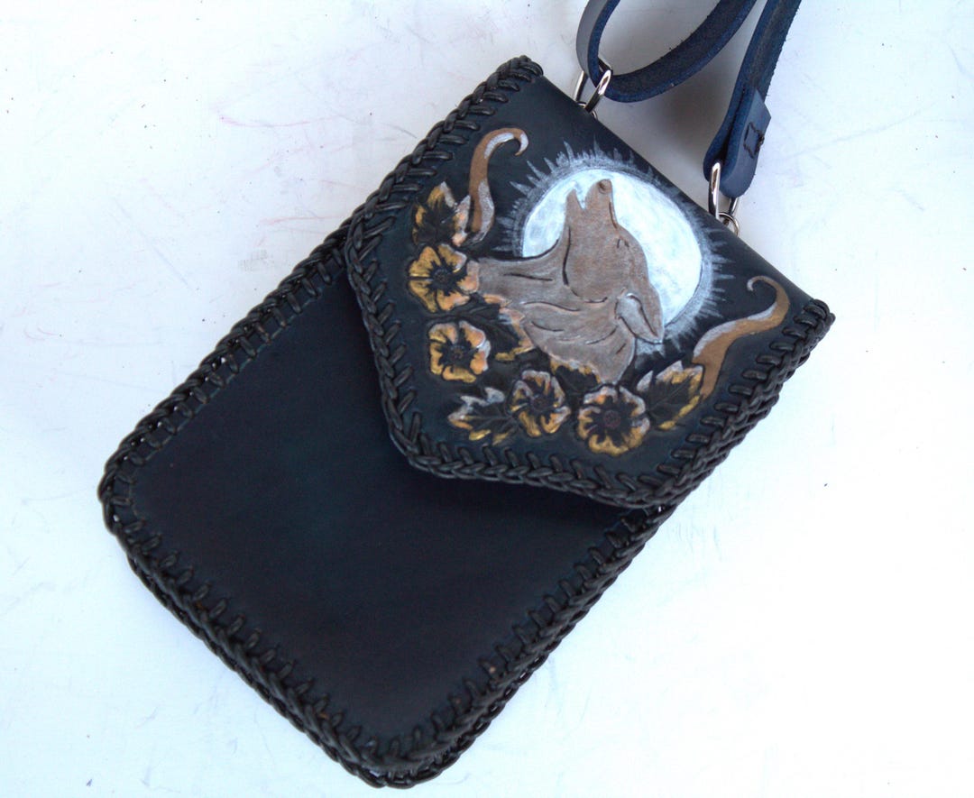 Wolf Purse, Small Leather Bag, Navy Blue, Silver, Leather Braid, Phone ...