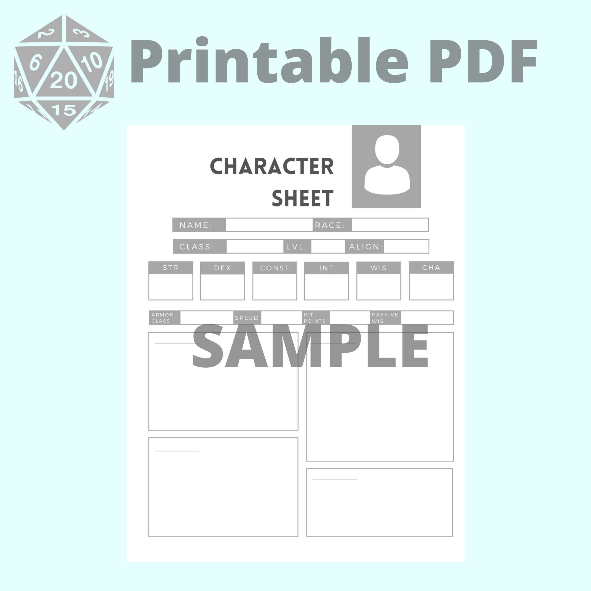 Printable DND Character Sheet Roleplaying Game DM Worksheet - Etsy