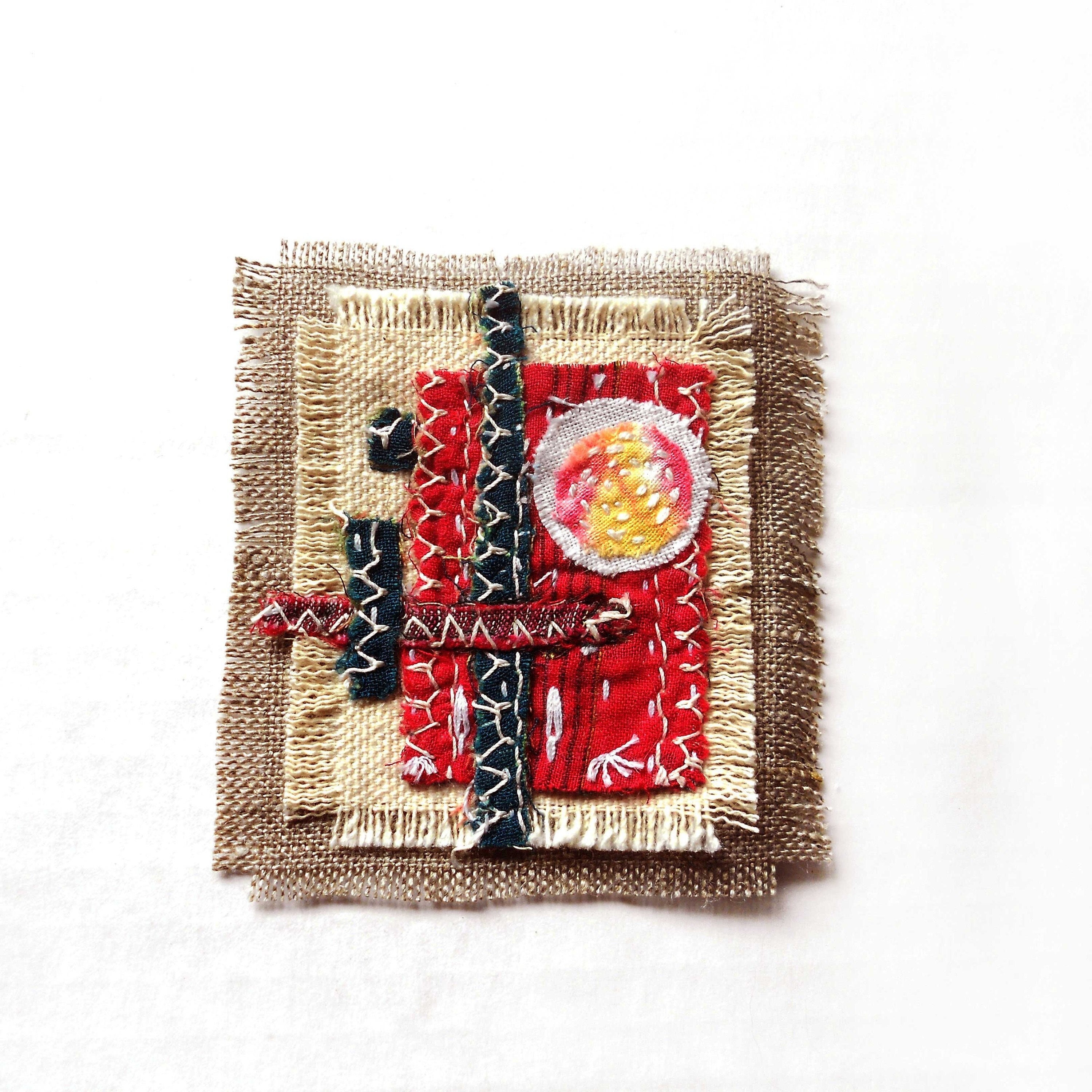 Abstract Linen Brooch: Upcycled Vintage Quilt Fabric, Slow Stitched ...