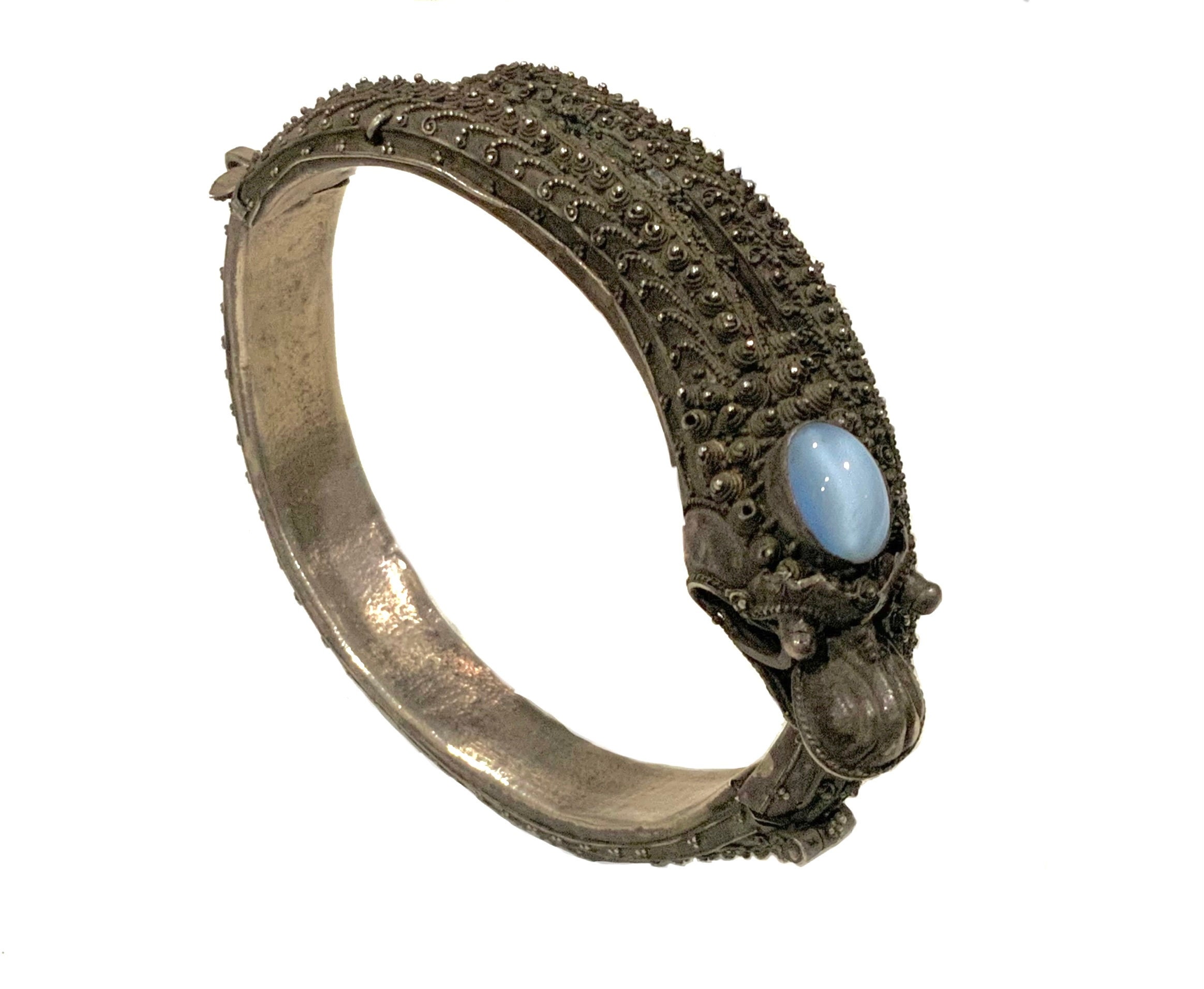 Rare Ancient Antique Straits Chinese Silver & Blue Cats Eye Moonstone ...