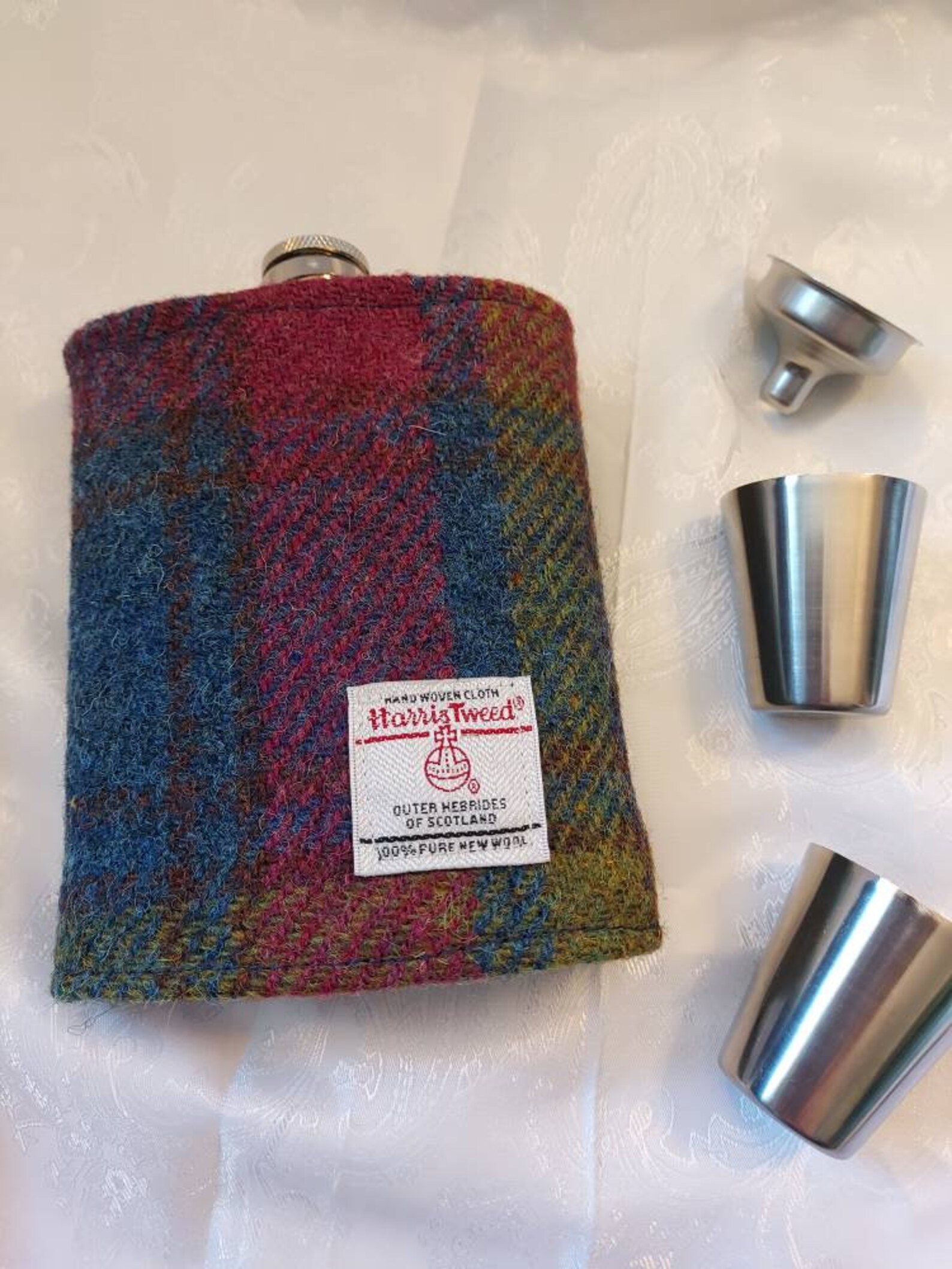 Harris Tweed Hip Flask Set. Red Blue and Green Tartan Harris - Etsy UK