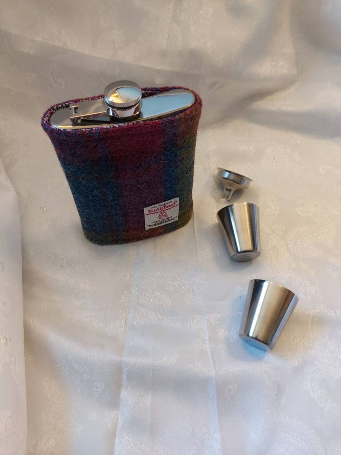 Harris Tweed Hip Flask Set. Red, Blue and Green Tartan Harris Tweed ...