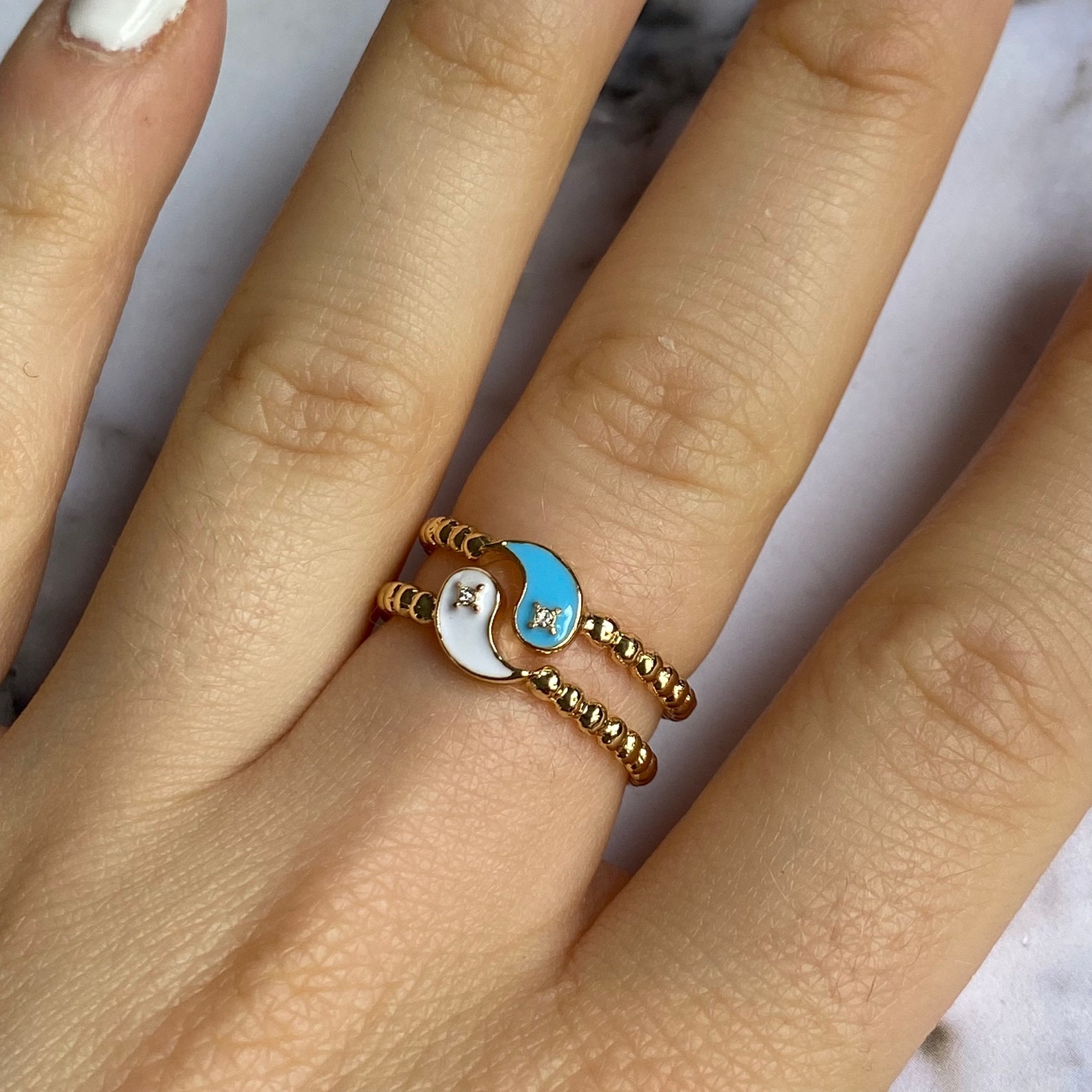 YIN YANG bestie rings ring set of two pink / blue / white / | Etsy