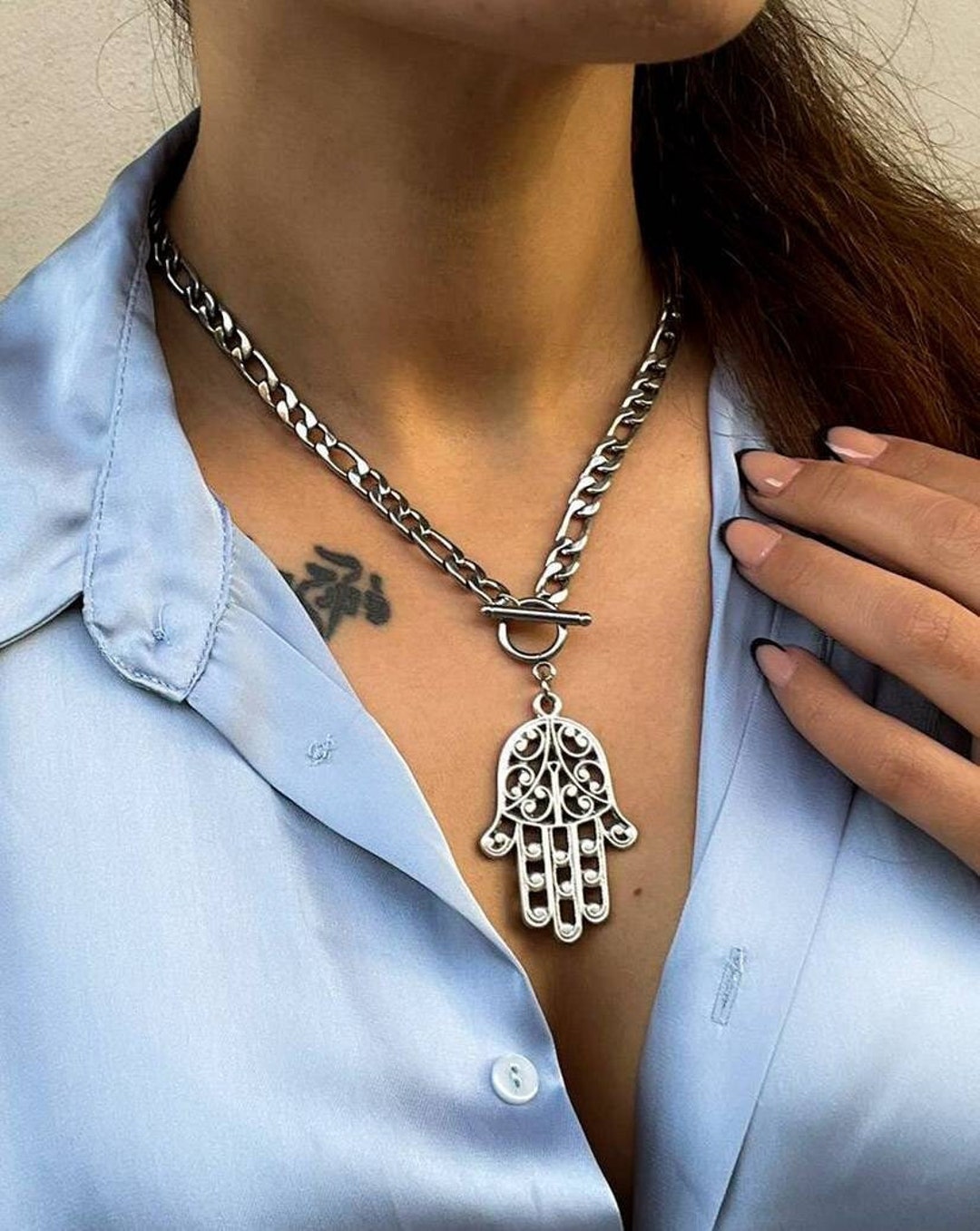 Hamsa Necklace, Hand of Hamsa, Fatima Necklace, Hamsa Pendant, Chunky ...