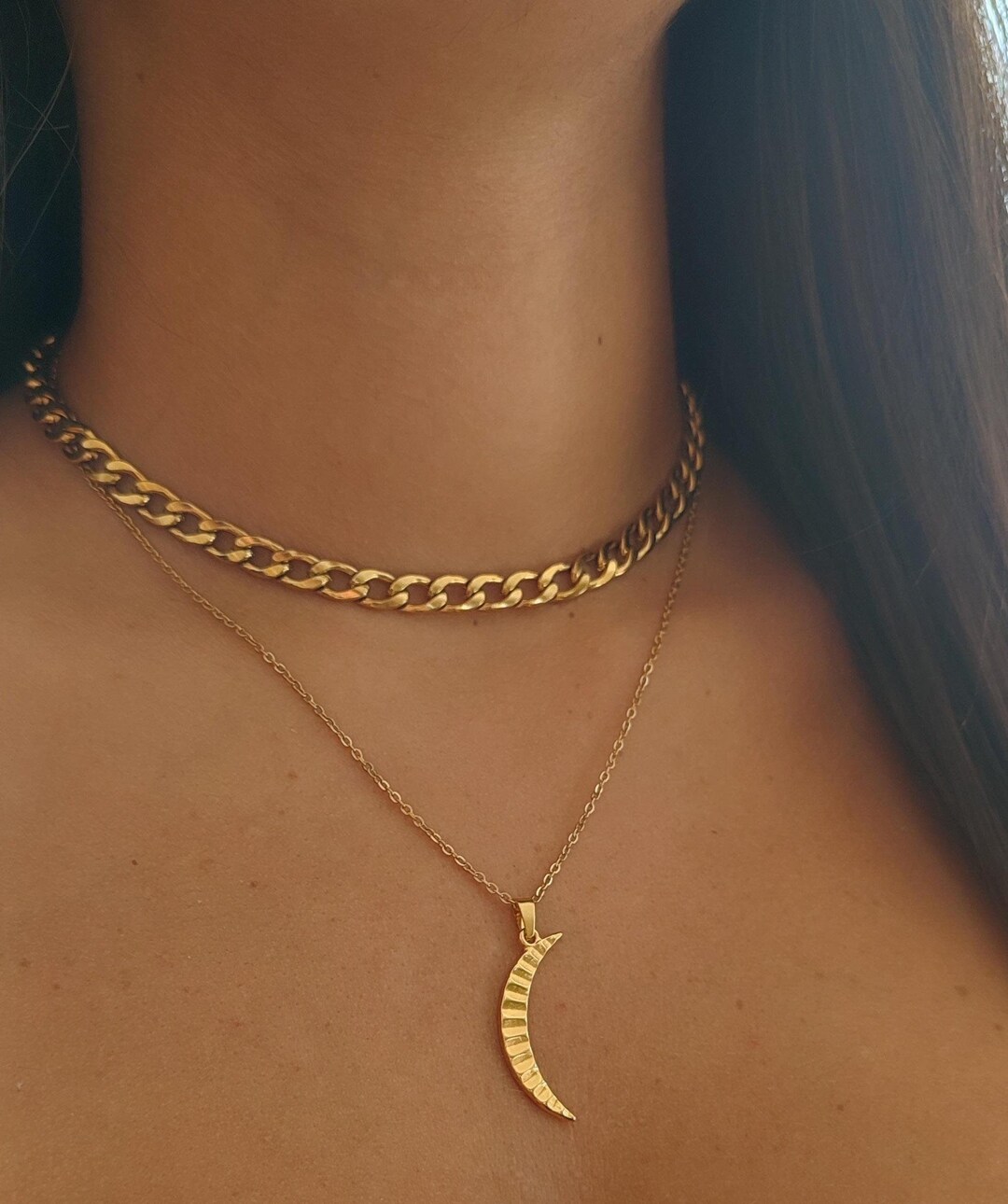 Gold Long Moon Necklace, Crescent Moon, Chunky Chain Choker, Moon Phase ...