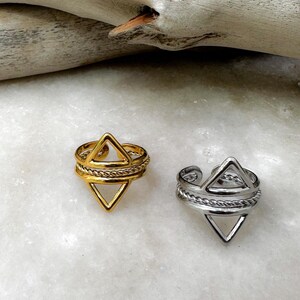 Gold Triple Band Ring, Silver Double Triangle Ring, Knuckle Ring, Midi ...