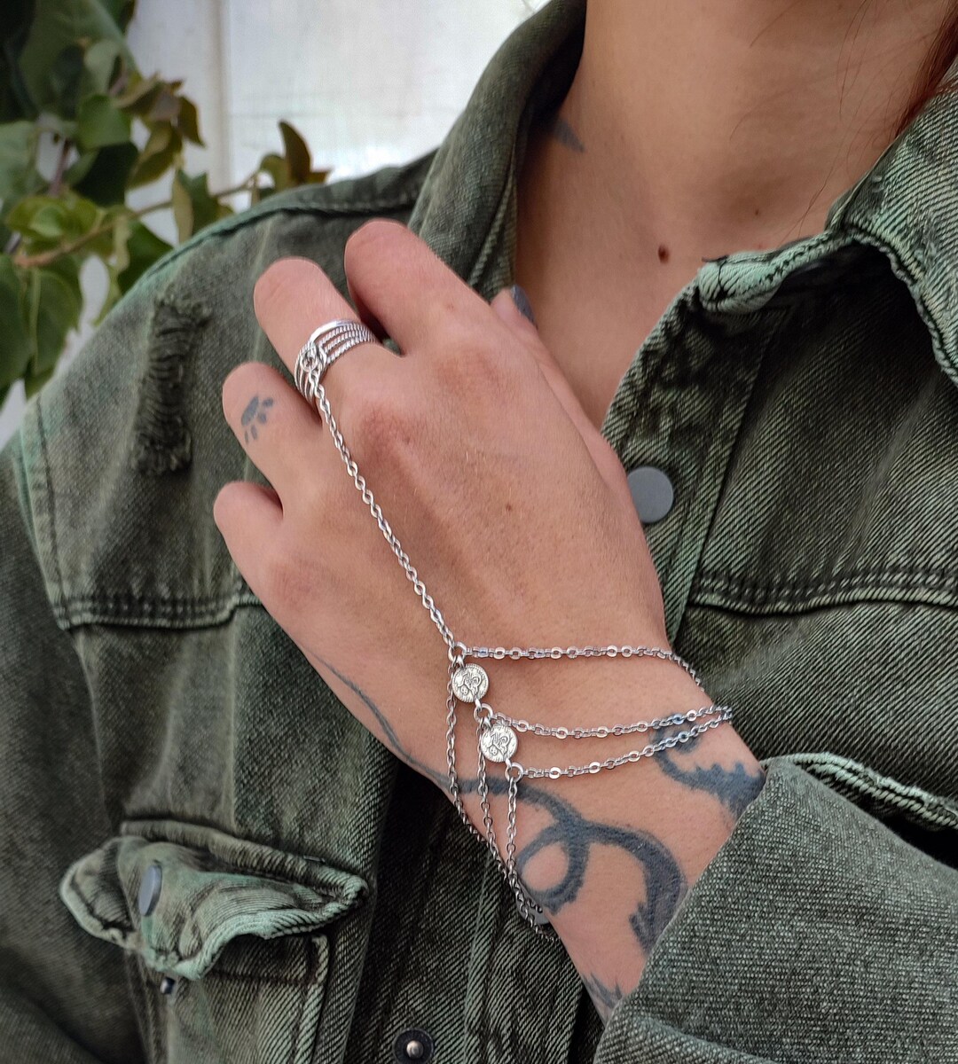 Silver Double Coin Hand Chain, Silver Hand/bracelet Chain, Dainty ...