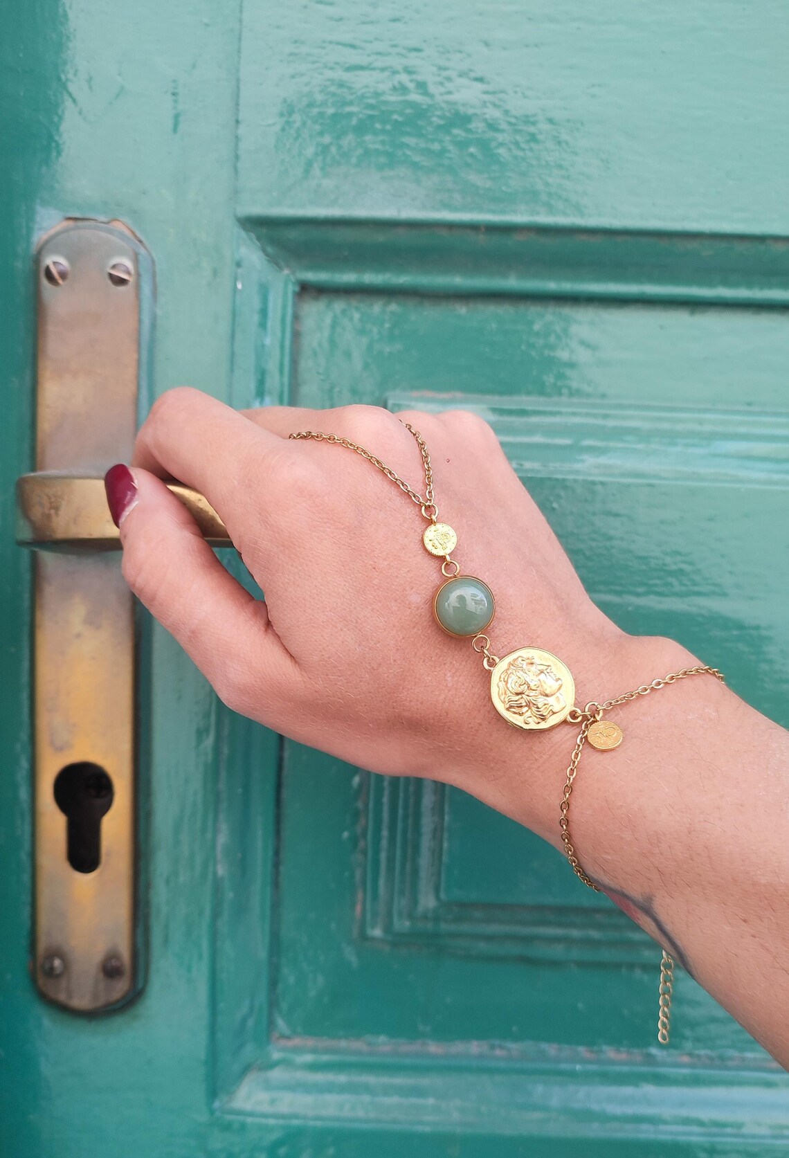 Gold Hand Chain, Moss Agate Gold Hand Chain, Gold Hand Chain, Gold Hand ...