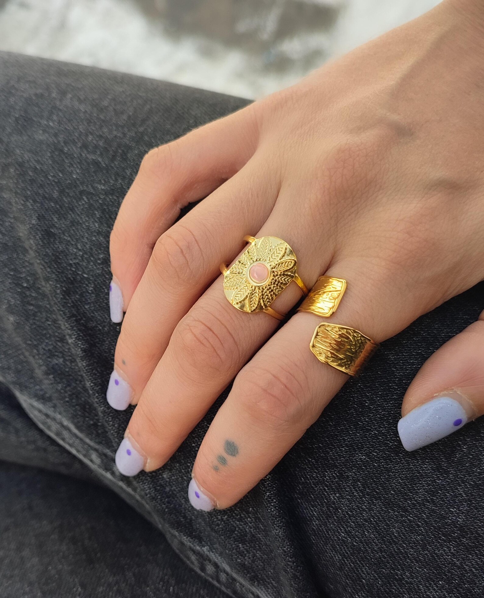 Gold Gemstone Ring, Wrap Around Ring, Embossed Ring, Rose Quartz Ring ...