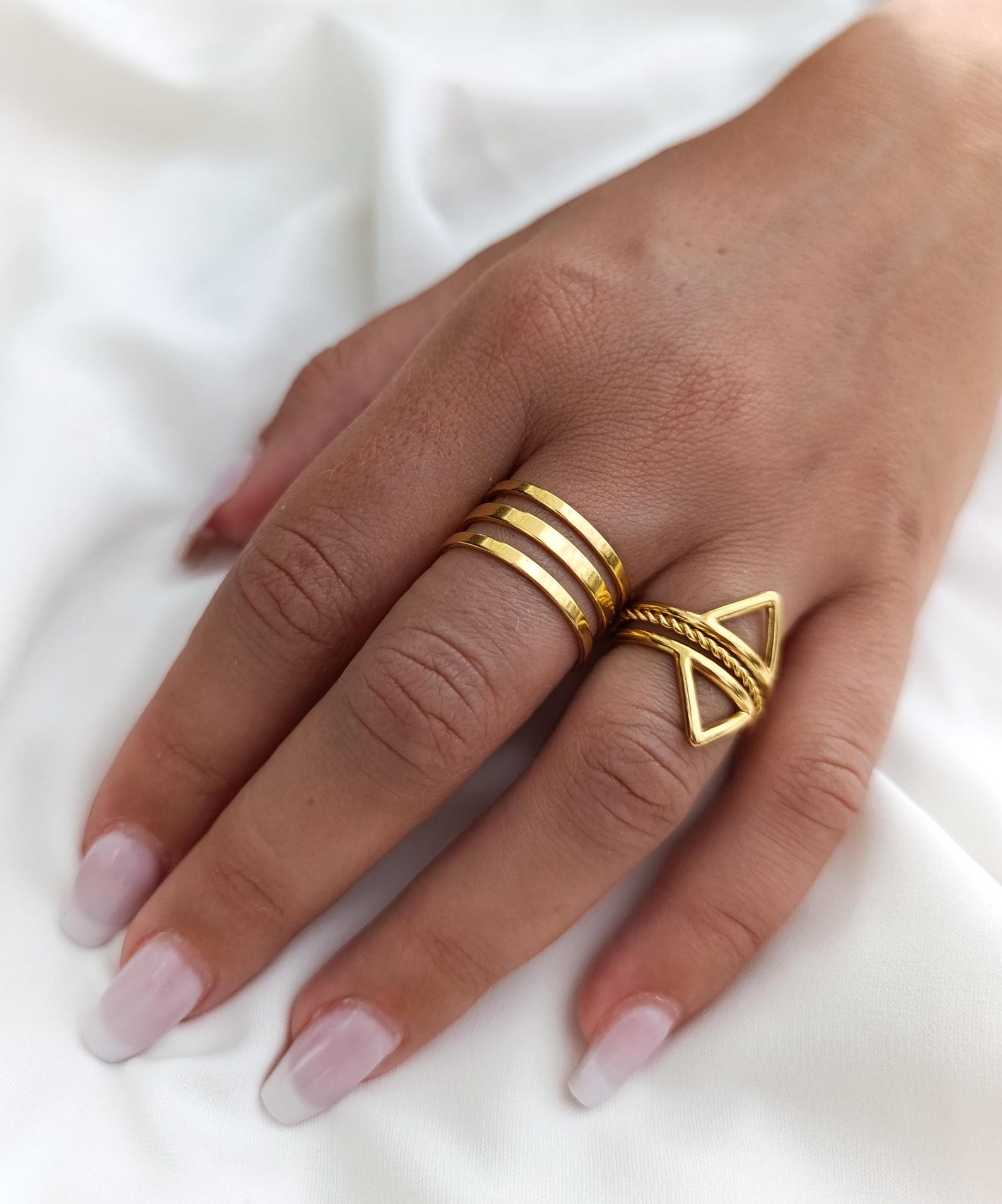 Gold Triple Band Ring, Silver Double Triangle Ring, Knuckle Ring, Midi ...