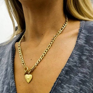 Heart Chunky Chain Necklace, Heart Pendant, Statement Necklace, Gold ...