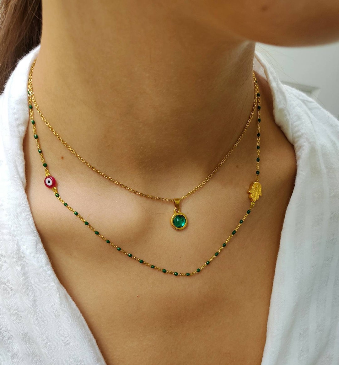 Grüner Stein Halskette, Zierliche Goldkette, Minimalistische Halskette, Geschenk für sie ...