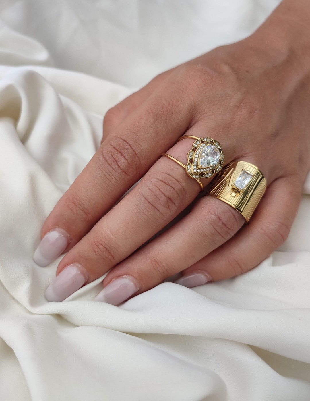 Gold Band Rings, Silver Pear Shaped Double Row Crystals Ring, Chunky ...