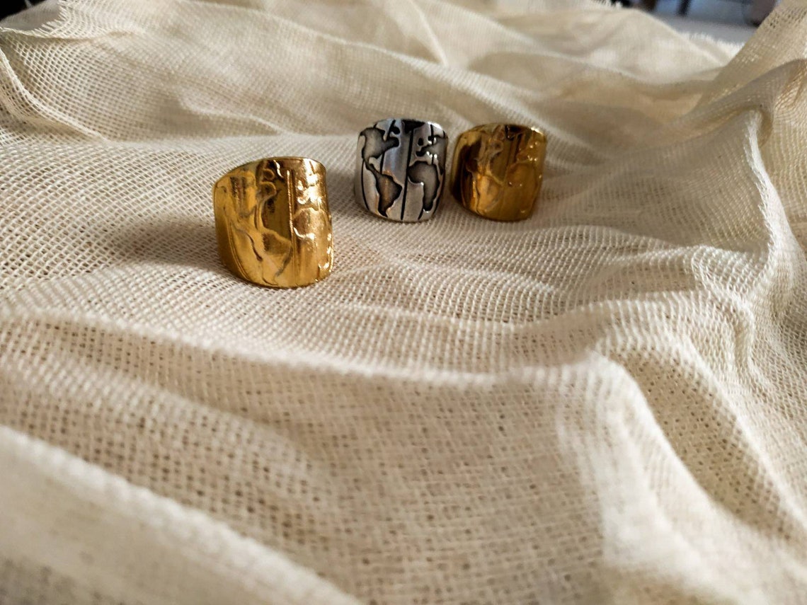 World Map Ring Silver Statement Ring Gold Boho Rings Stacking | Etsy