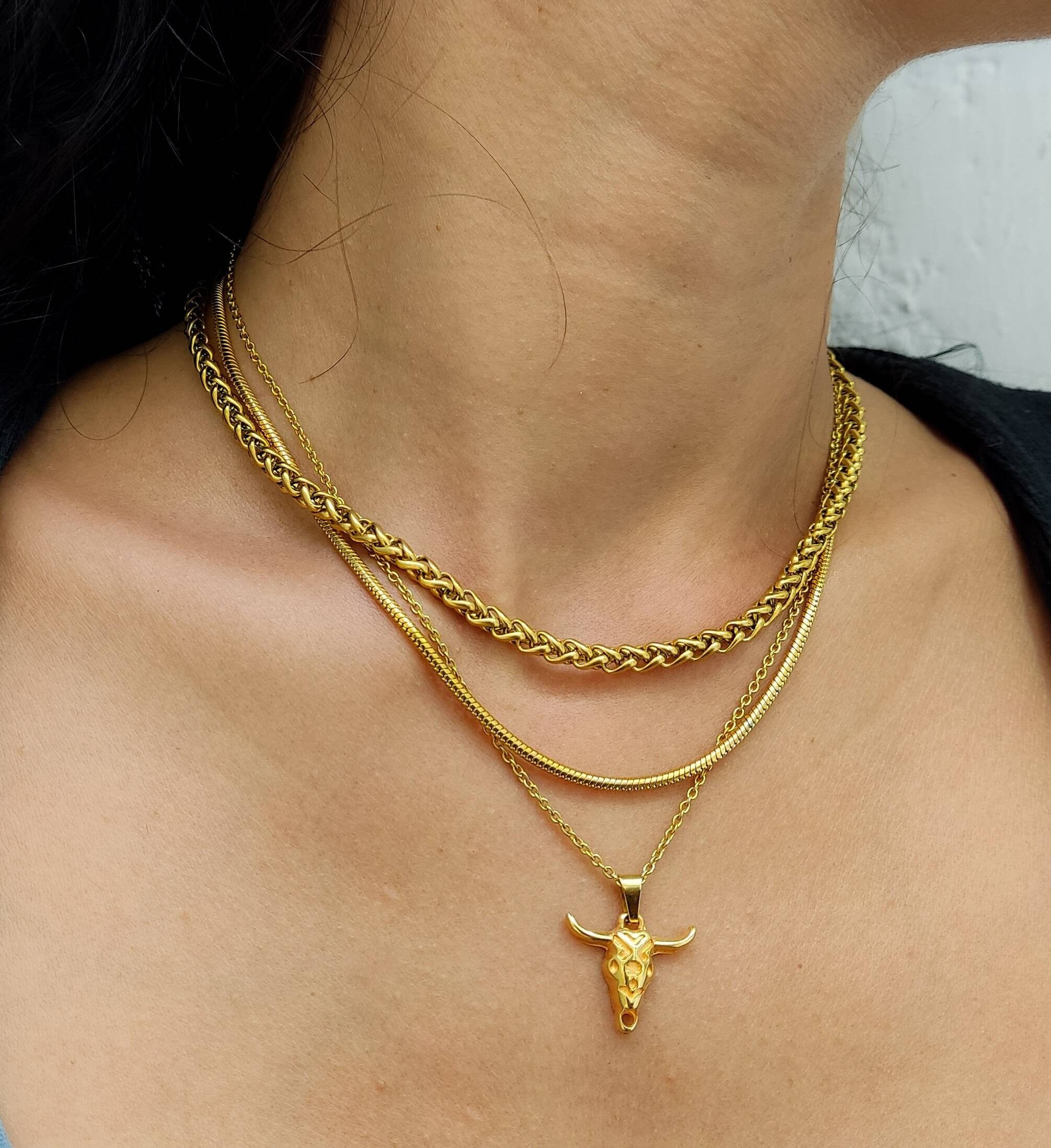 Bull Skull Chain Necklace, Cow Skull Necklace, Statement Necklace, Gold ...