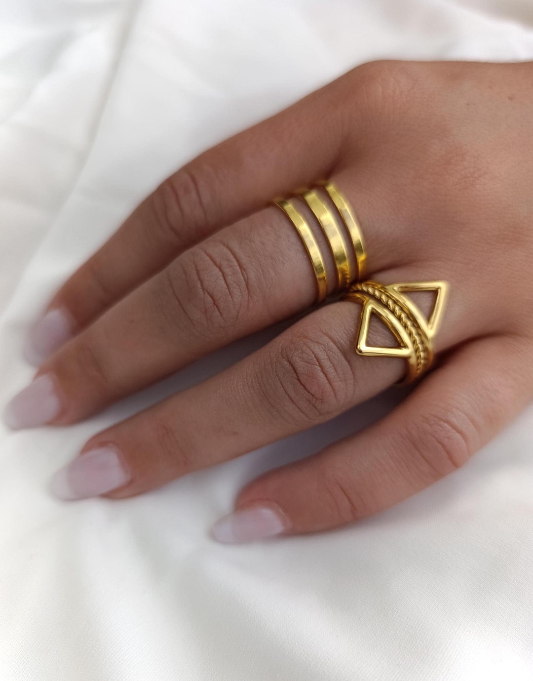 Gold Triple Band Ring, Silver Double Triangle Ring, Knuckle Ring, Midi ...