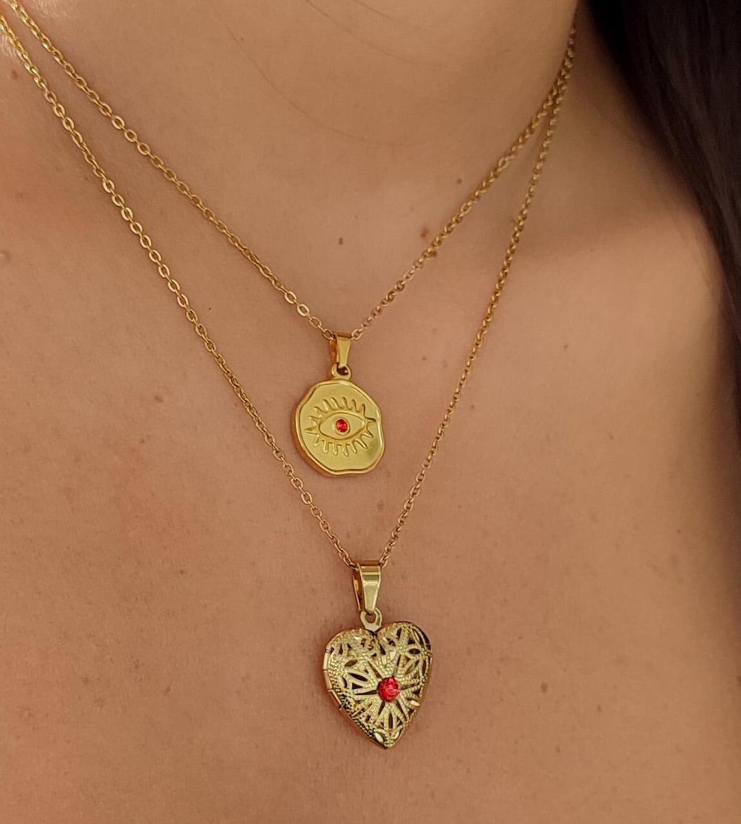 Gold Crystal Heart Photo Locket Necklace, Evil Eye Gold Chain Necklace ...