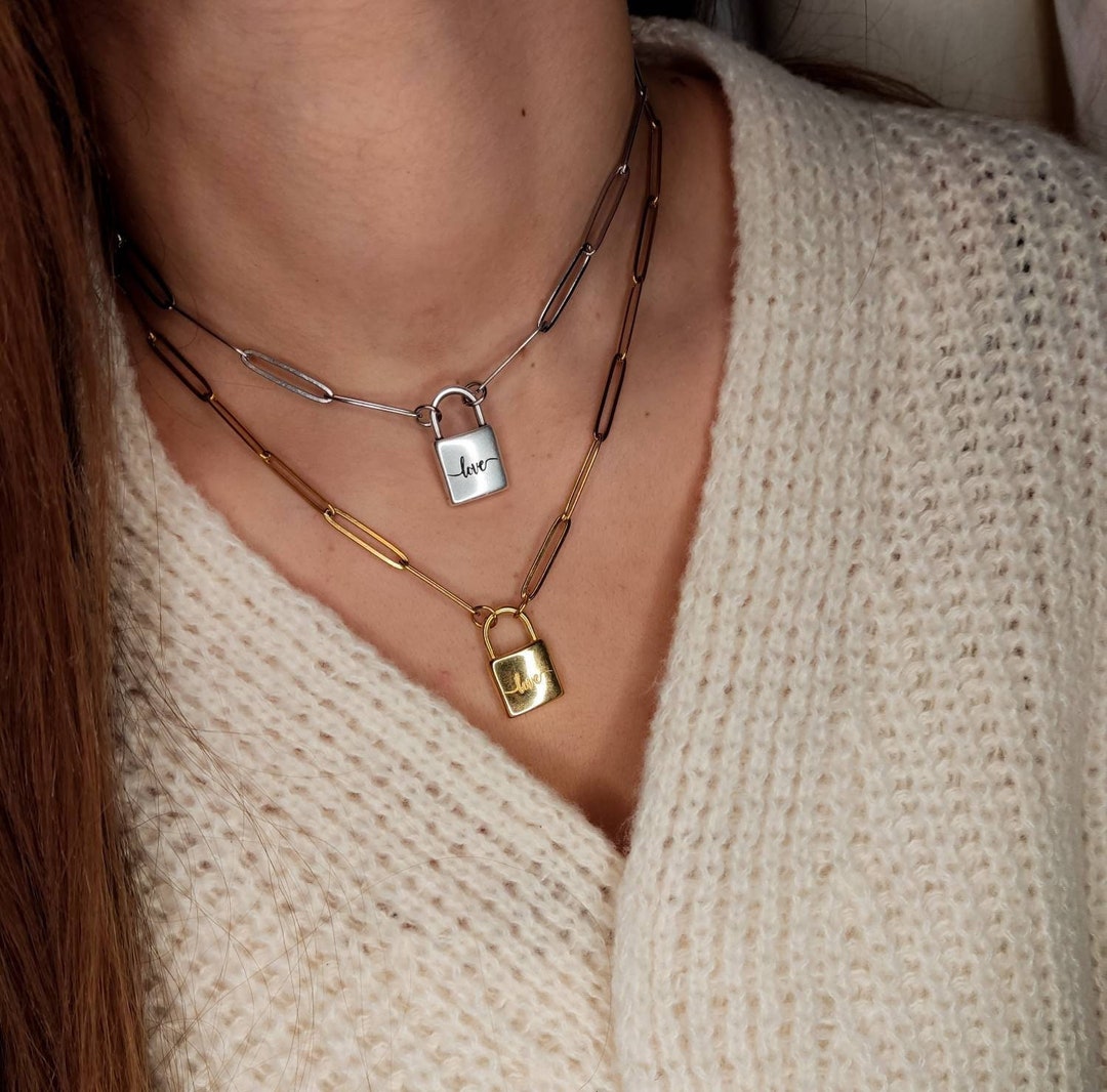 Paperclip Chain Gold Lock Necklace, Padlock Chunky Chain Necklace, Gold ...