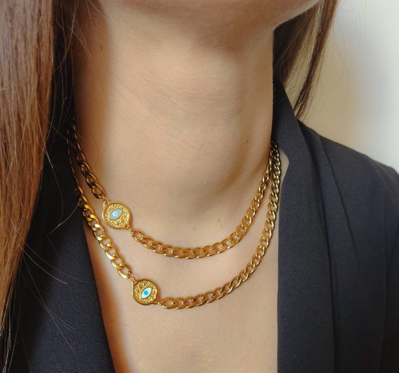 Gold Evil Eye Chunky Chain Layered Necklace Gold Chain Necklace Silver Chain Chunky Gold Necklace Gift for Her Evil Eye Pendant Etsy