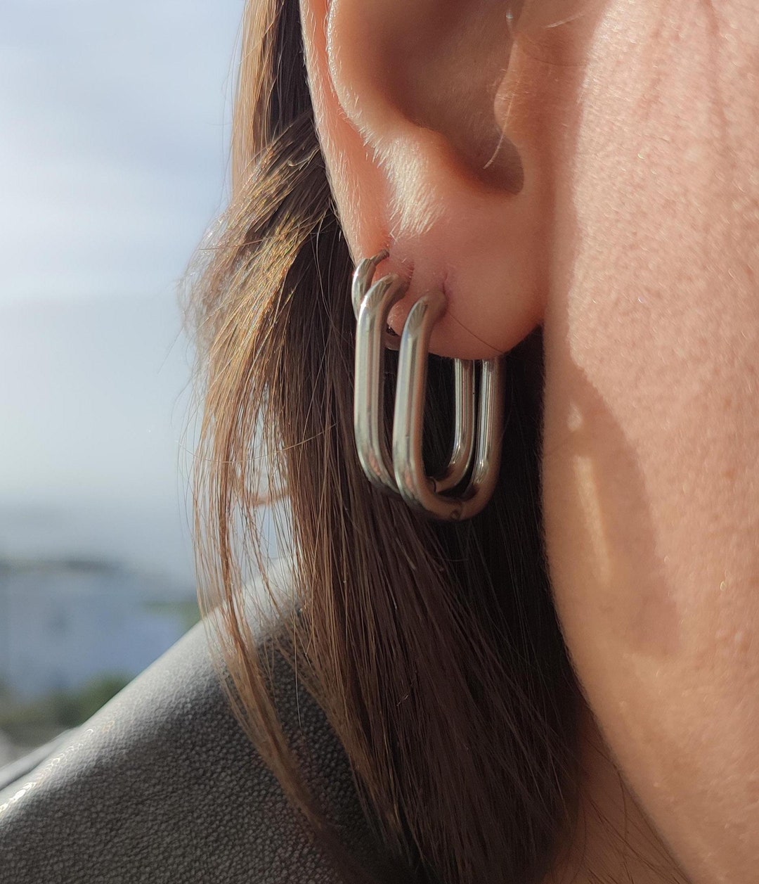 Silver U Shape Hoop Earrings, Silver Geometric Earrings, Rectangle ...