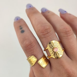 Gold Gemstone Ring, Wrap Around Ring, Embossed Ring, Rose Quartz Ring ...