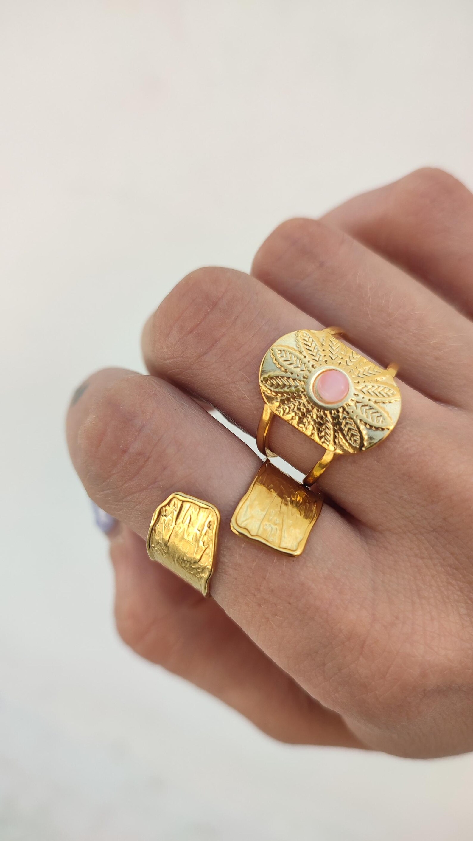 Gold Gemstone Ring, Wrap Around Ring, Embossed Ring, Rose Quartz Ring ...