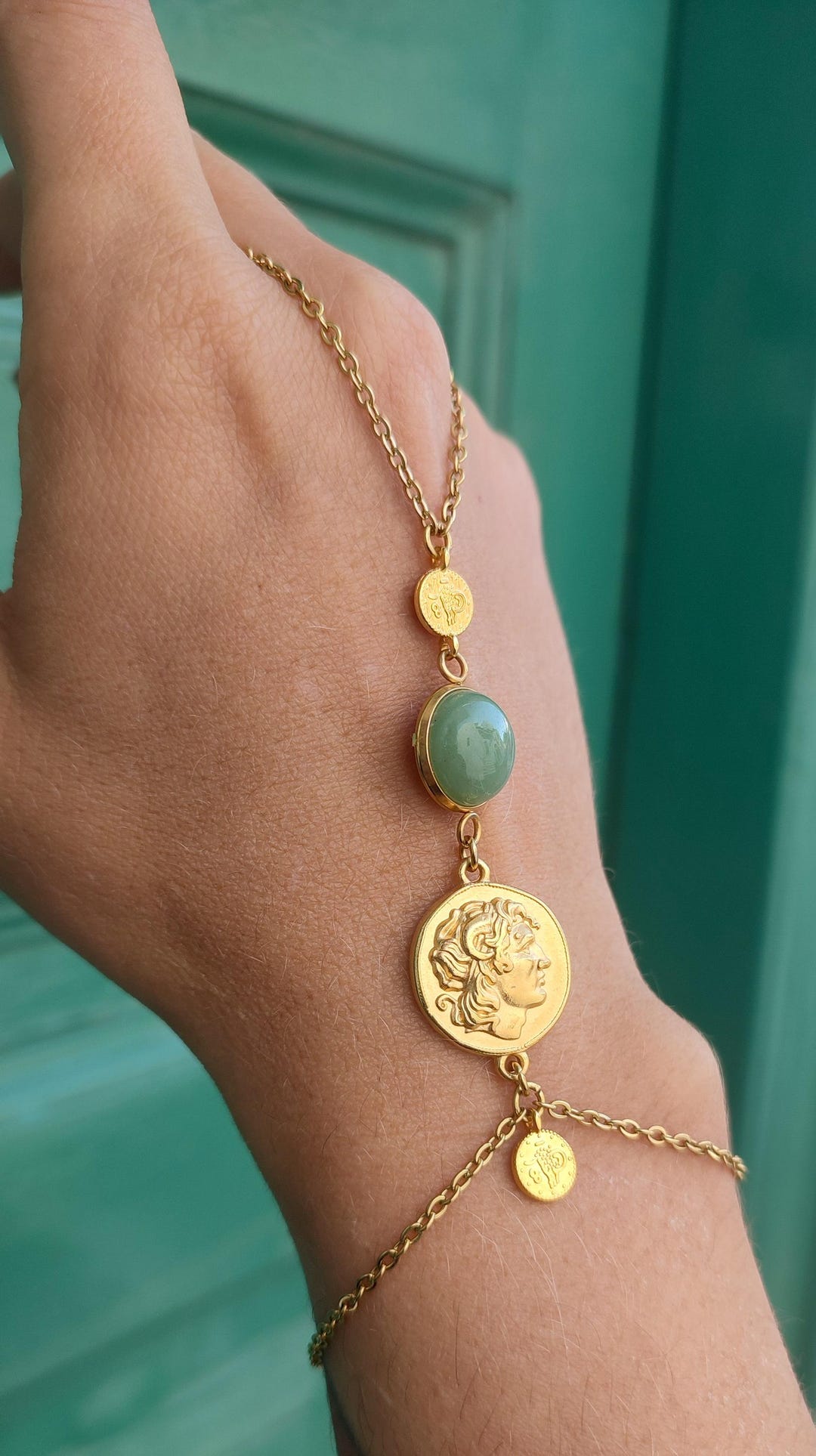 Gold Hand Chain, Moss Agate Gold Hand Chain, Gold Hand Chain, Gold Hand ...