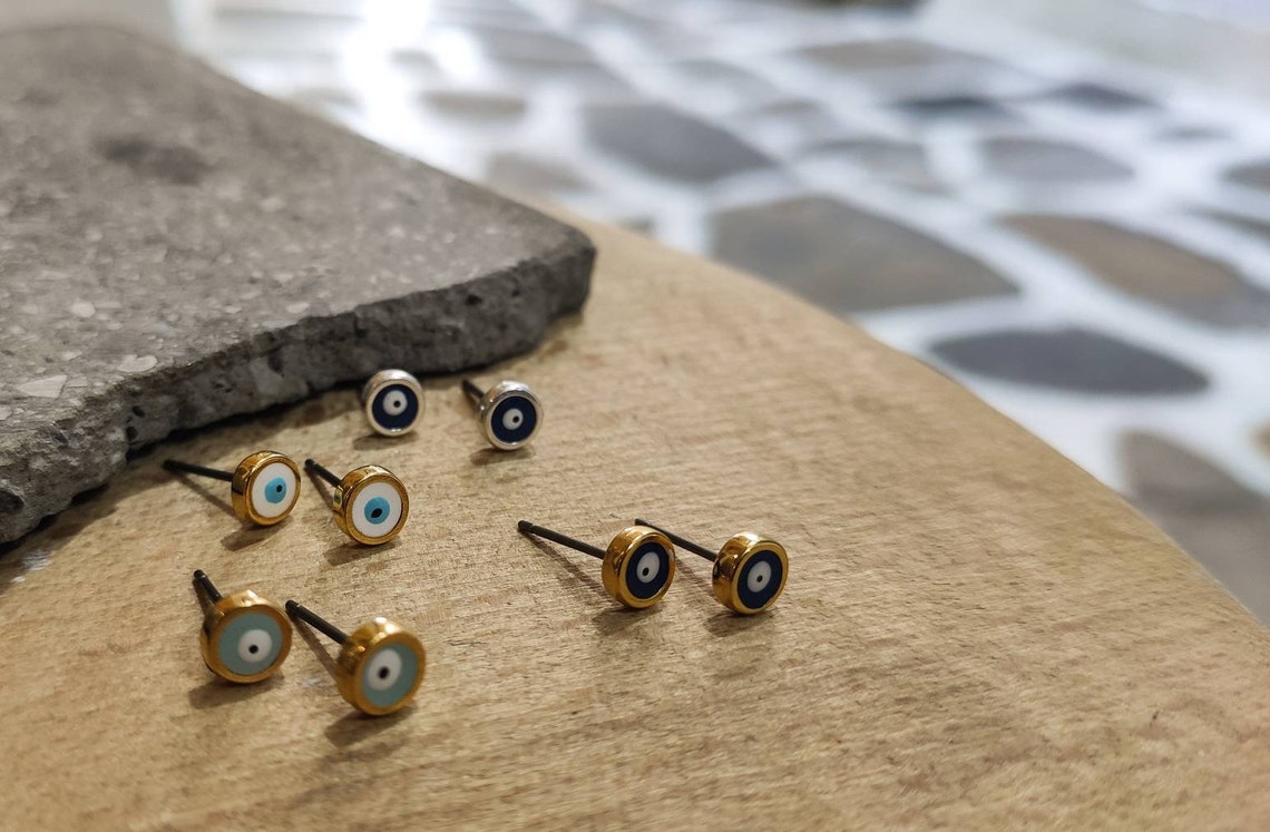 Gold Stud Earrings, Tiny Stud Earrings, Evil Eye Earrings, Gold Evil ...