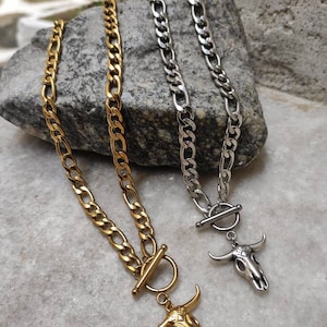 Bull Skull Chunky Chain Necklace, Cow Skull Necklace, Statement ...