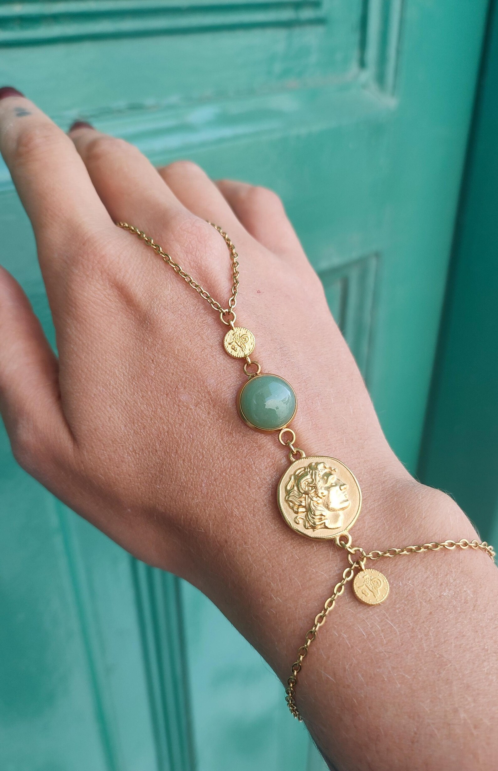 Gold Hand Chain, Moss Agate Gold Hand Chain, Gold Hand Chain, Gold Hand ...