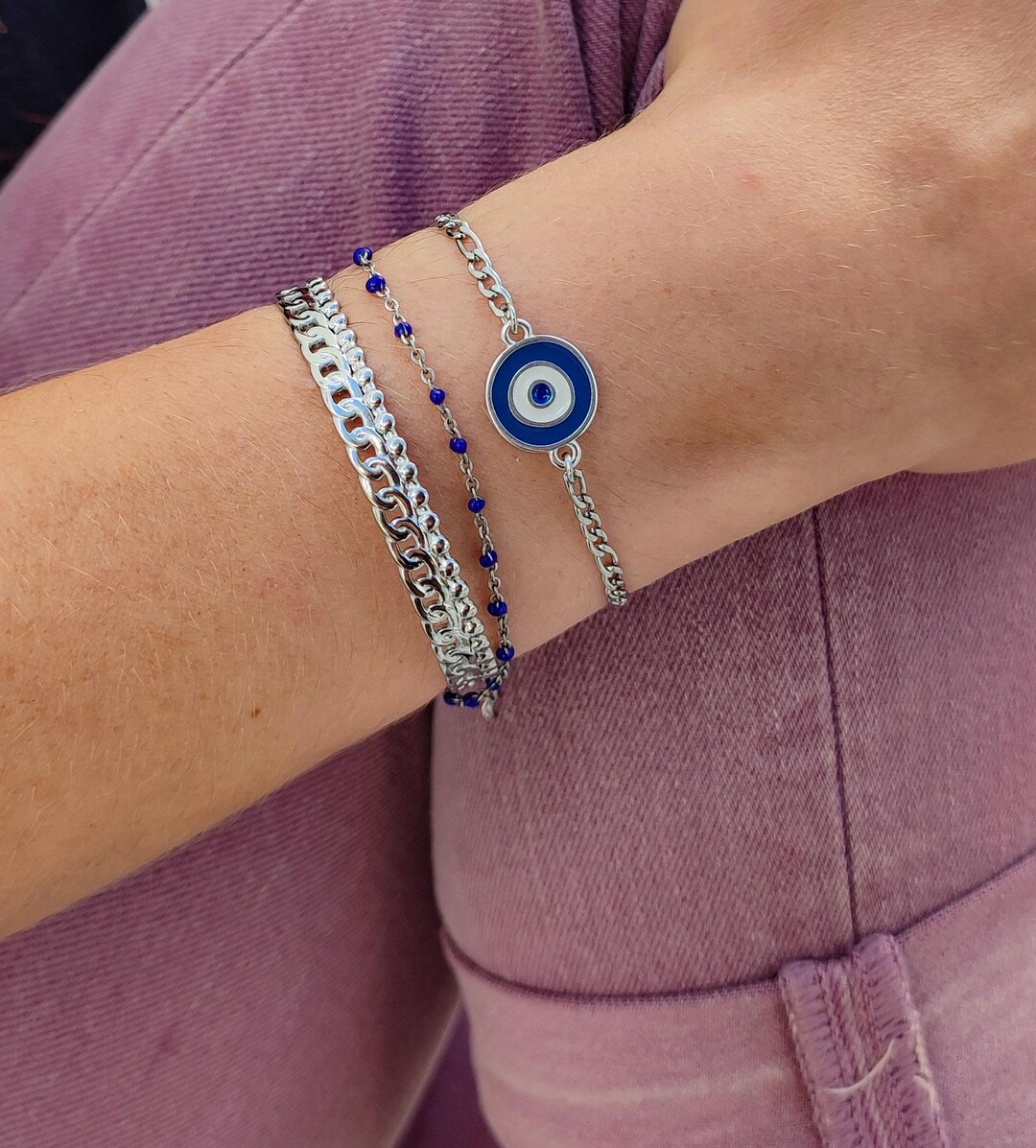 Silver Evil Eye Chain Bracelet, Blue Chain Bracelet, Greek Jewelry ...