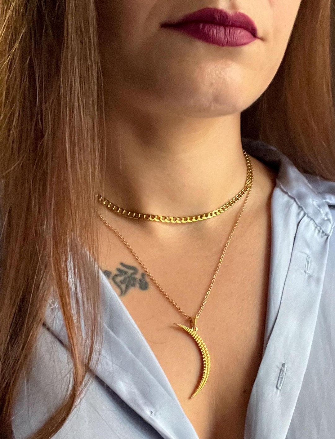 Gold Chunky Chain Choker, Moon Phase Necklace, Long Moon Necklace ...