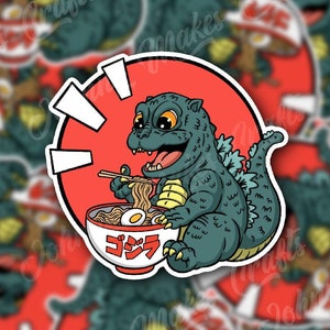 Baby Godzilla Ramen Noodles Sticker or Magnet | Baby Kaiju 1989 | Chibi ...