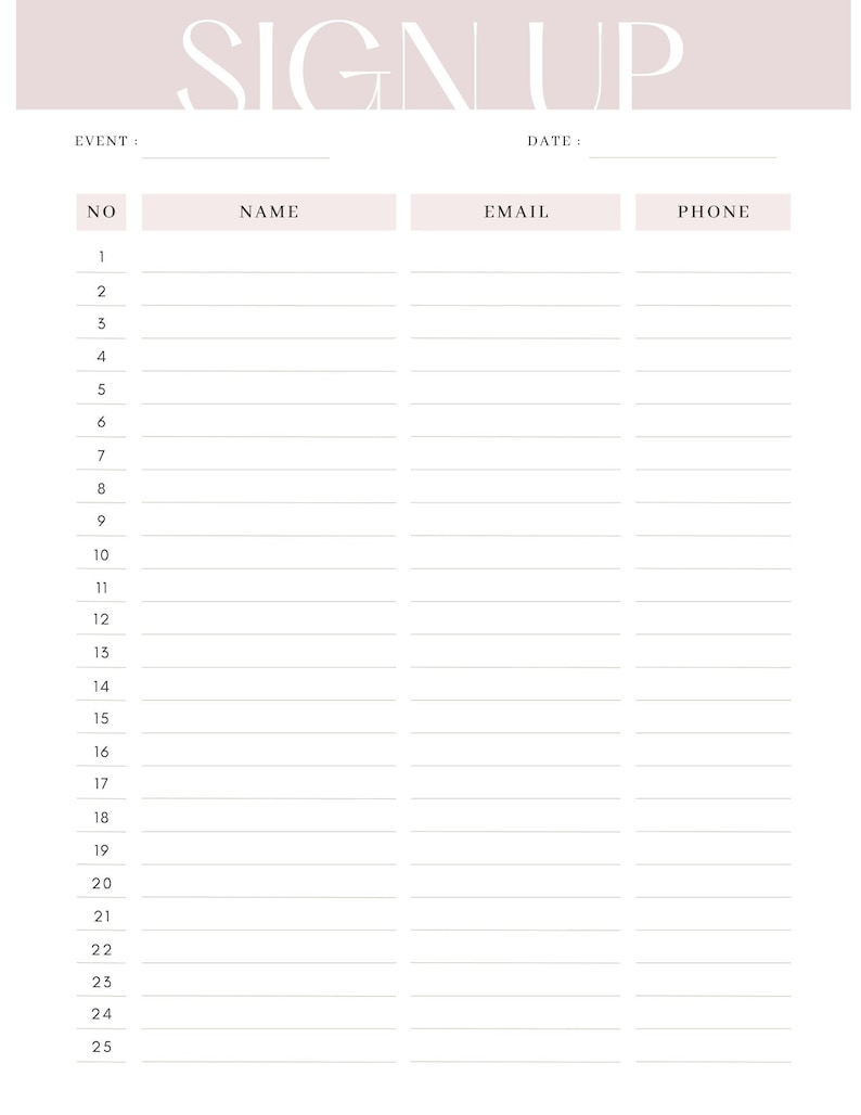 Sign up Sheet Template Instant Download - Etsy