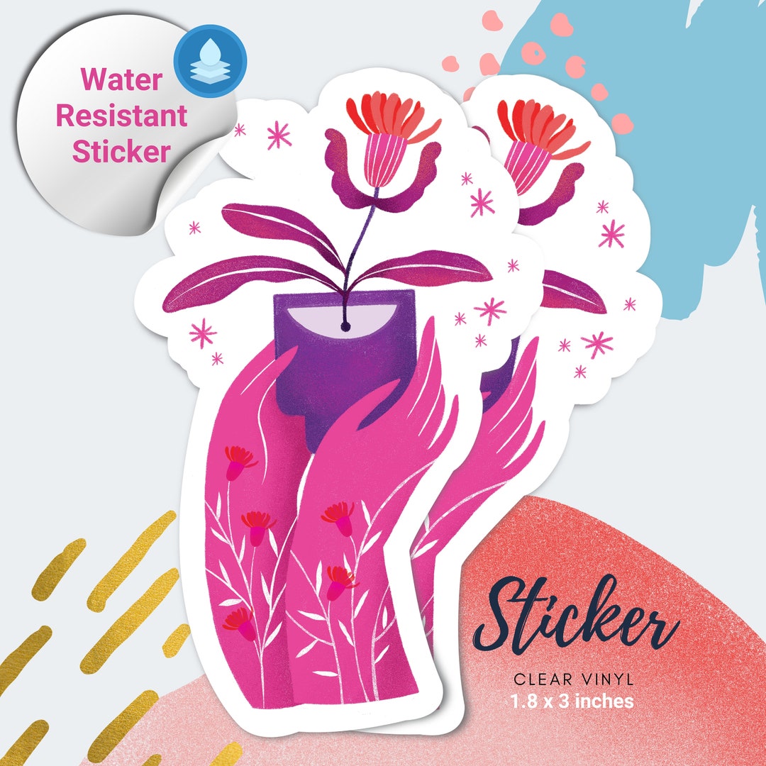 Flower & Hand Clear Vinyl Sticker | 1.8x3 in | Washable for Water ...