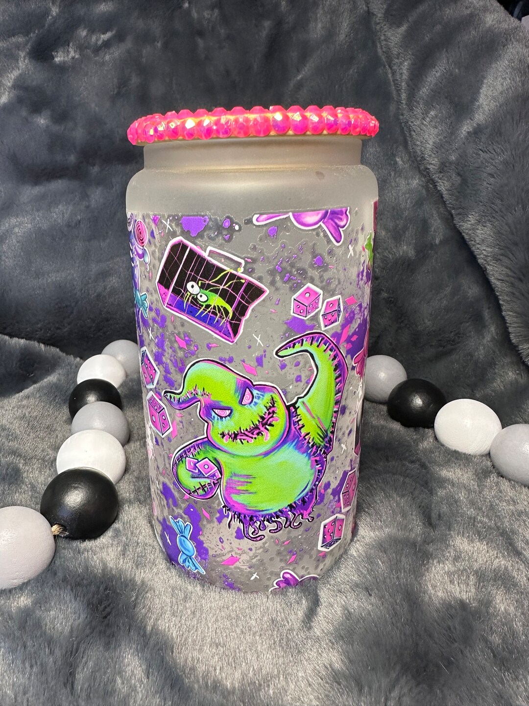 Cute Monsters Boogeyman 16oz Libby Style Frosted Glass Can & Rhinestone ...