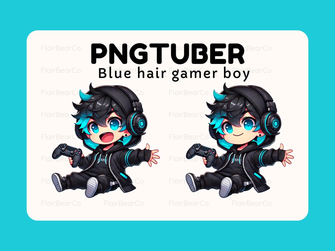 Chibi Blue Hair Gamer Boy Pngtuber Model | Easy Setup | Streaming ...