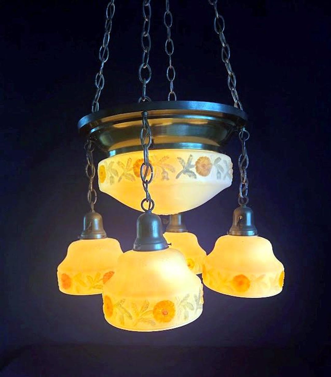 Antique Art Deco Brass Pan Ceiling Light Fixture W/5 Reverse Painted ...