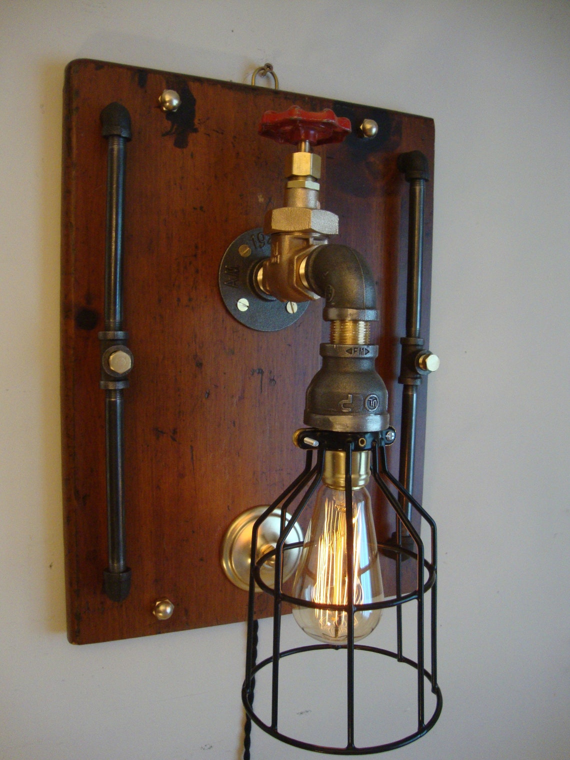Steampunk Lamp Wall Sconce, Industrial Age, Edison Bulbs, Brass Valve ...