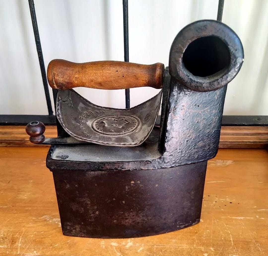 Antique Victorian Ling Cast Iron Box Clothes Iron W/chimney/wood Handle ...