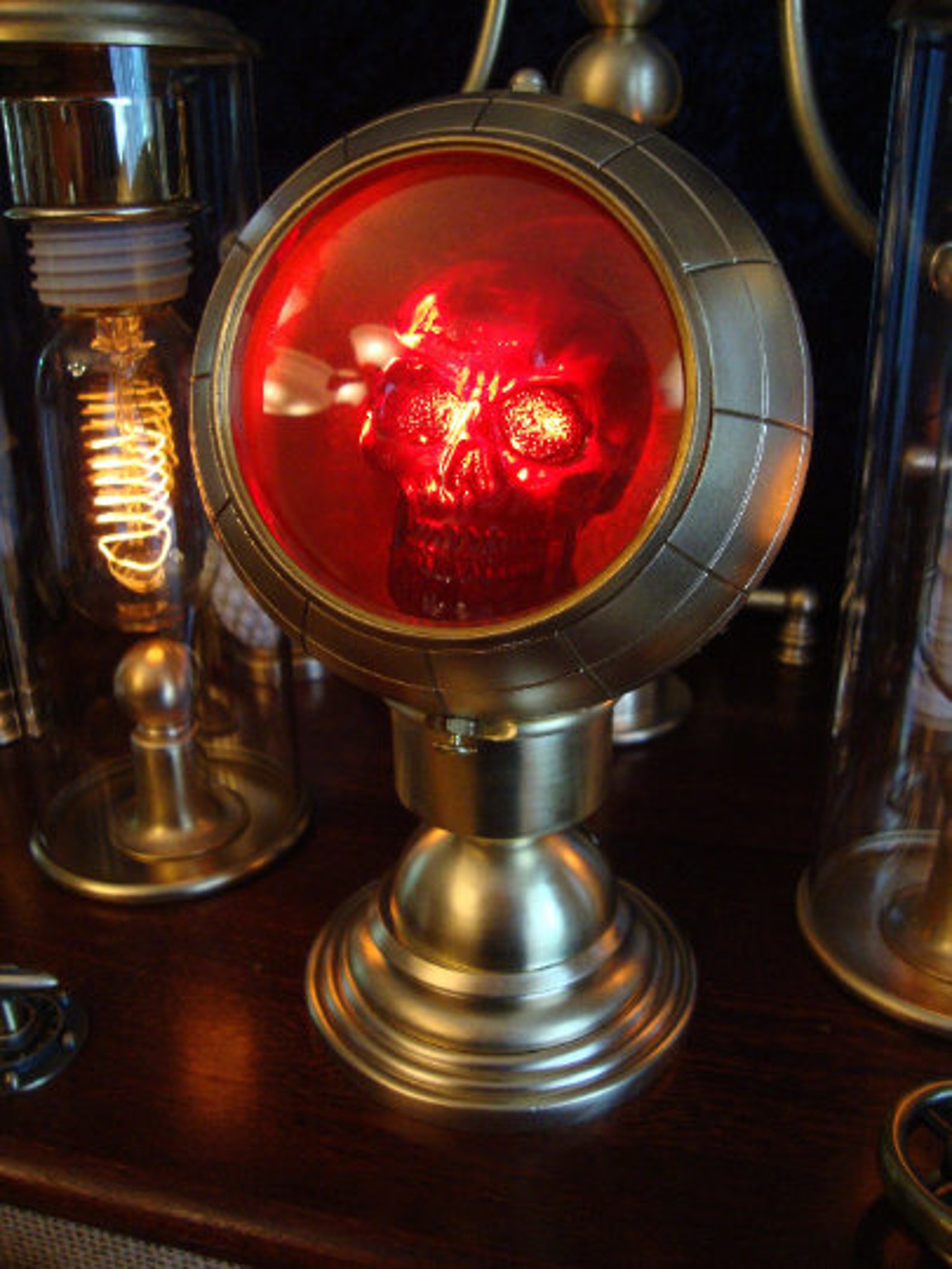 Steampunk Lamp Illuminated Sculpture Red Skull, Lots of Brass, Edison ...