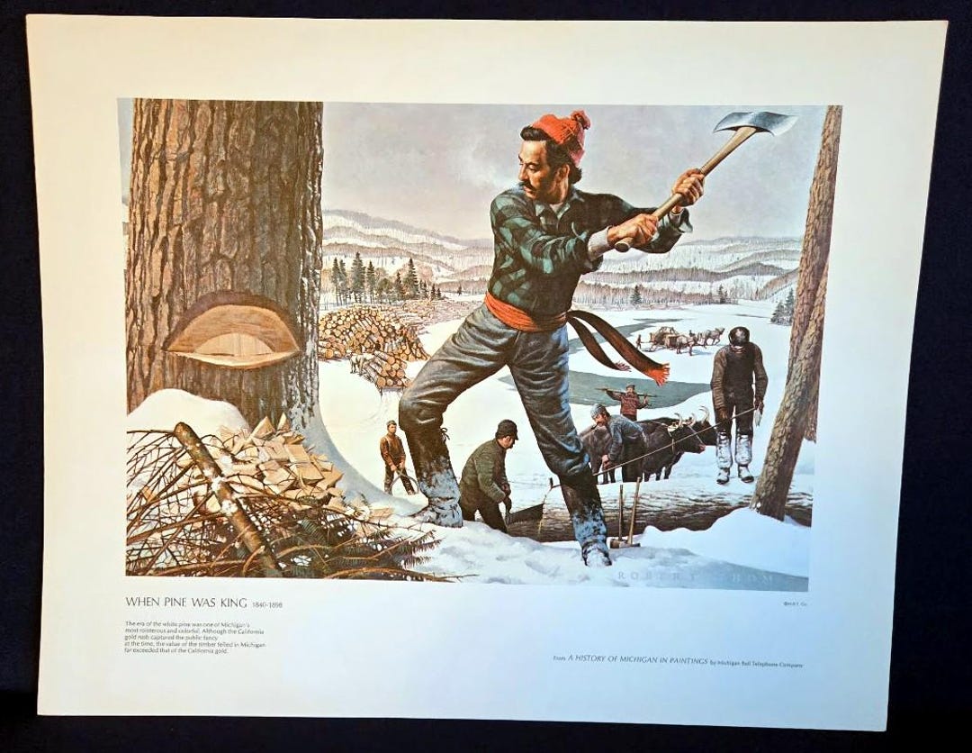 Vintage Michigan History Print: Lumberjack Scene by Robert Thom - Etsy