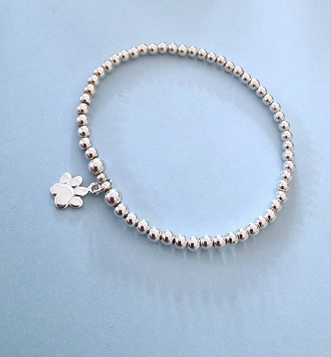 Sterling Silver Beaded Stretch Bracelet With Solid Paw Print - Etsy