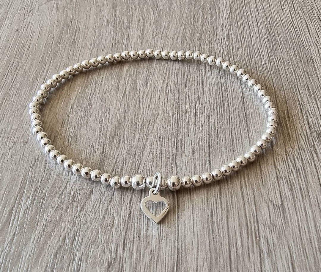 Sterling Silver 3mm Beaded Stretch Bracelet With a Small Open Heart ...