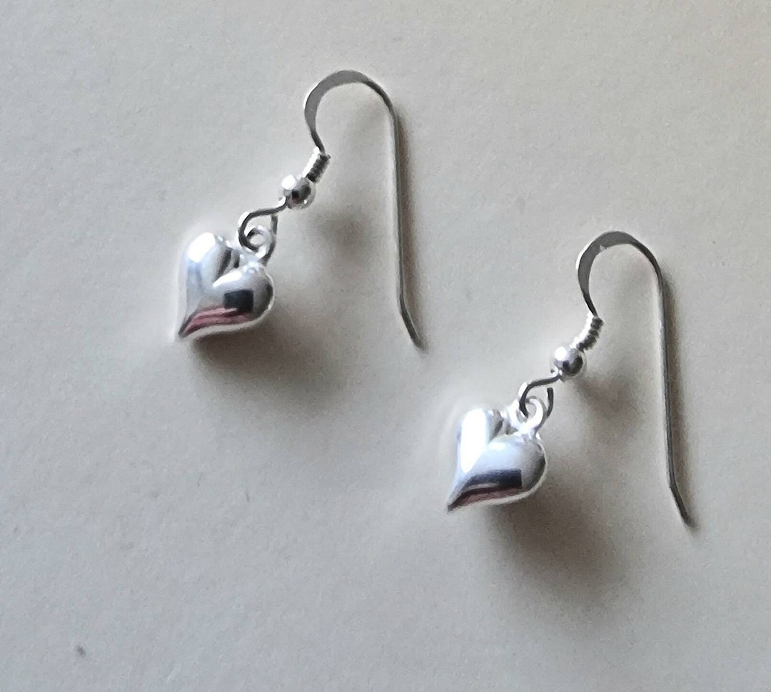 Sterling Silver Puffed Heart Drop Earrings, Heart Earrings Gift for Mum ...