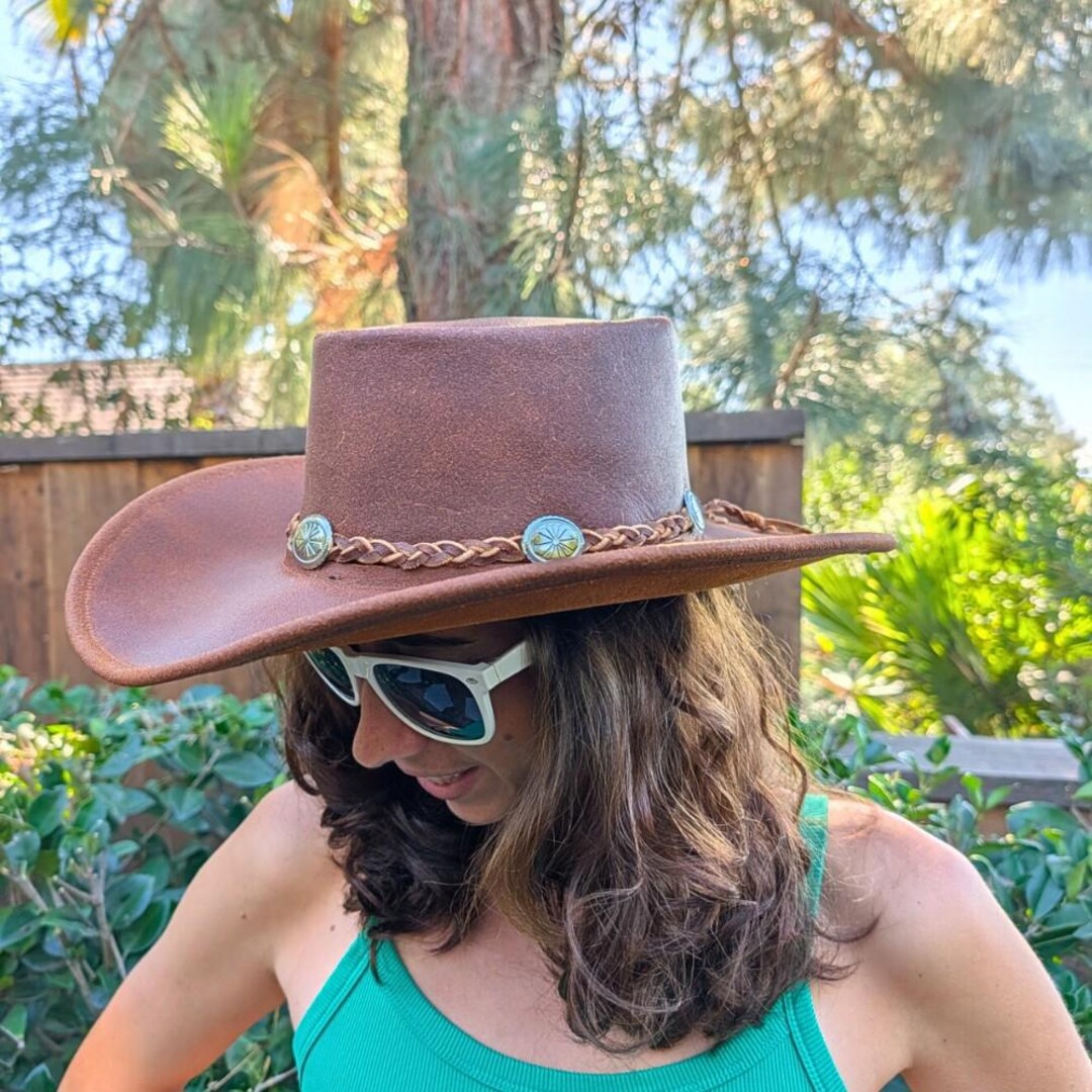 Western Cowboy Hat in Brown Leather • Braided Band & Silver Conchos ...
