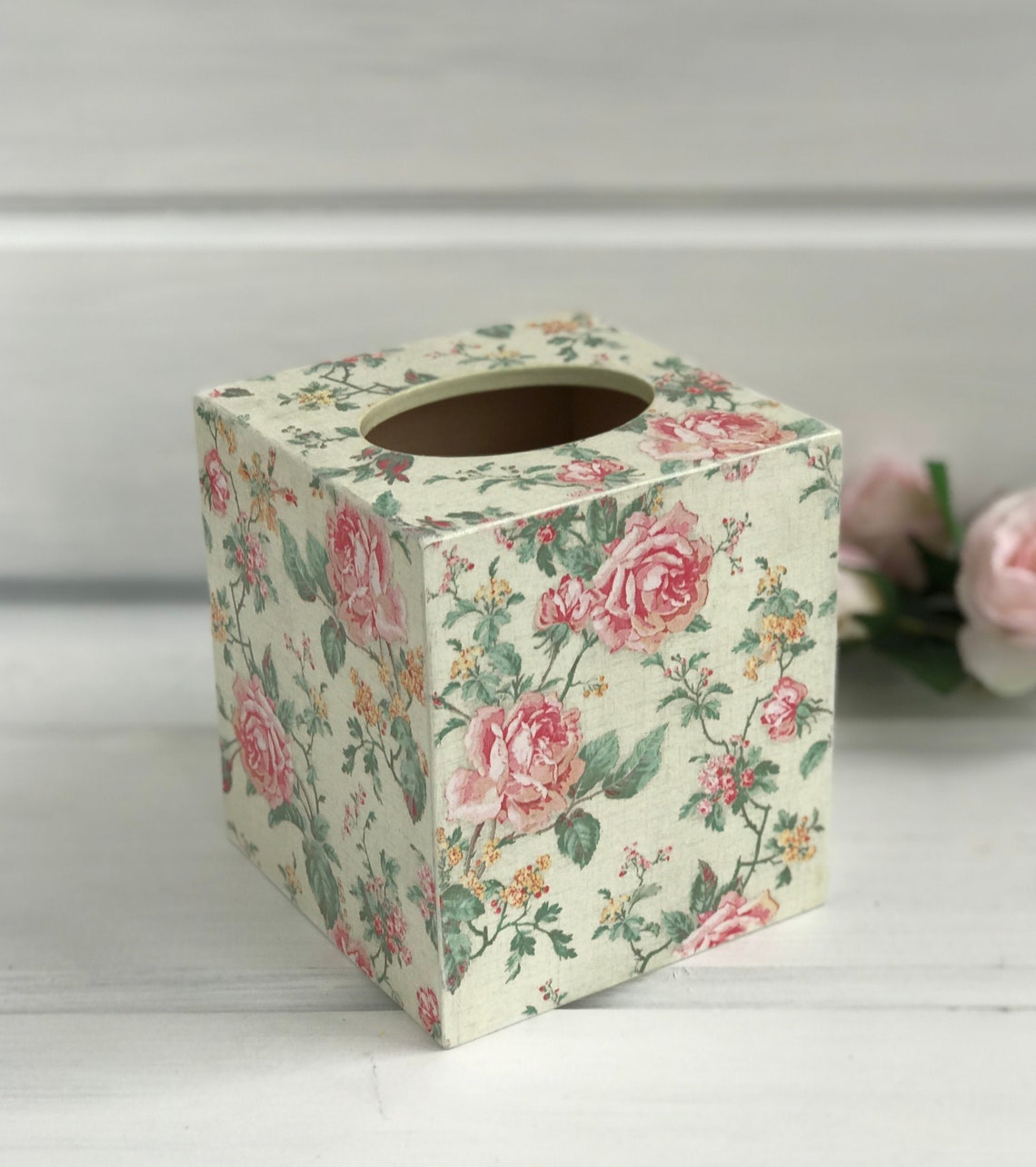 Pink Floral Tissue Box Cover / Holder Wooden Square Rose - Etsy