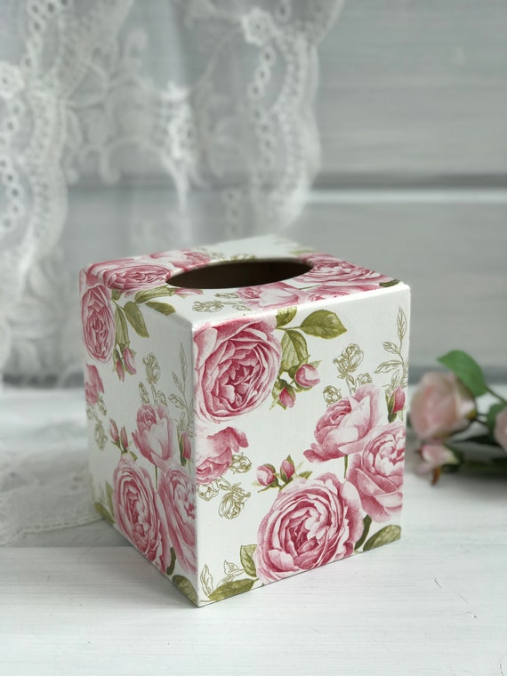 Pink Rose Tissue Box Cover/ Holder Wooden Cube Pink Floral - Etsy