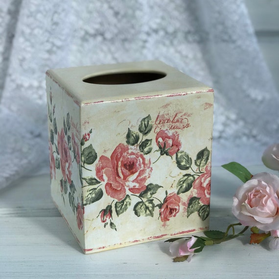 Rose Flower Tissue Box Cover/ Holder Wooden Shabby Chic | Etsy